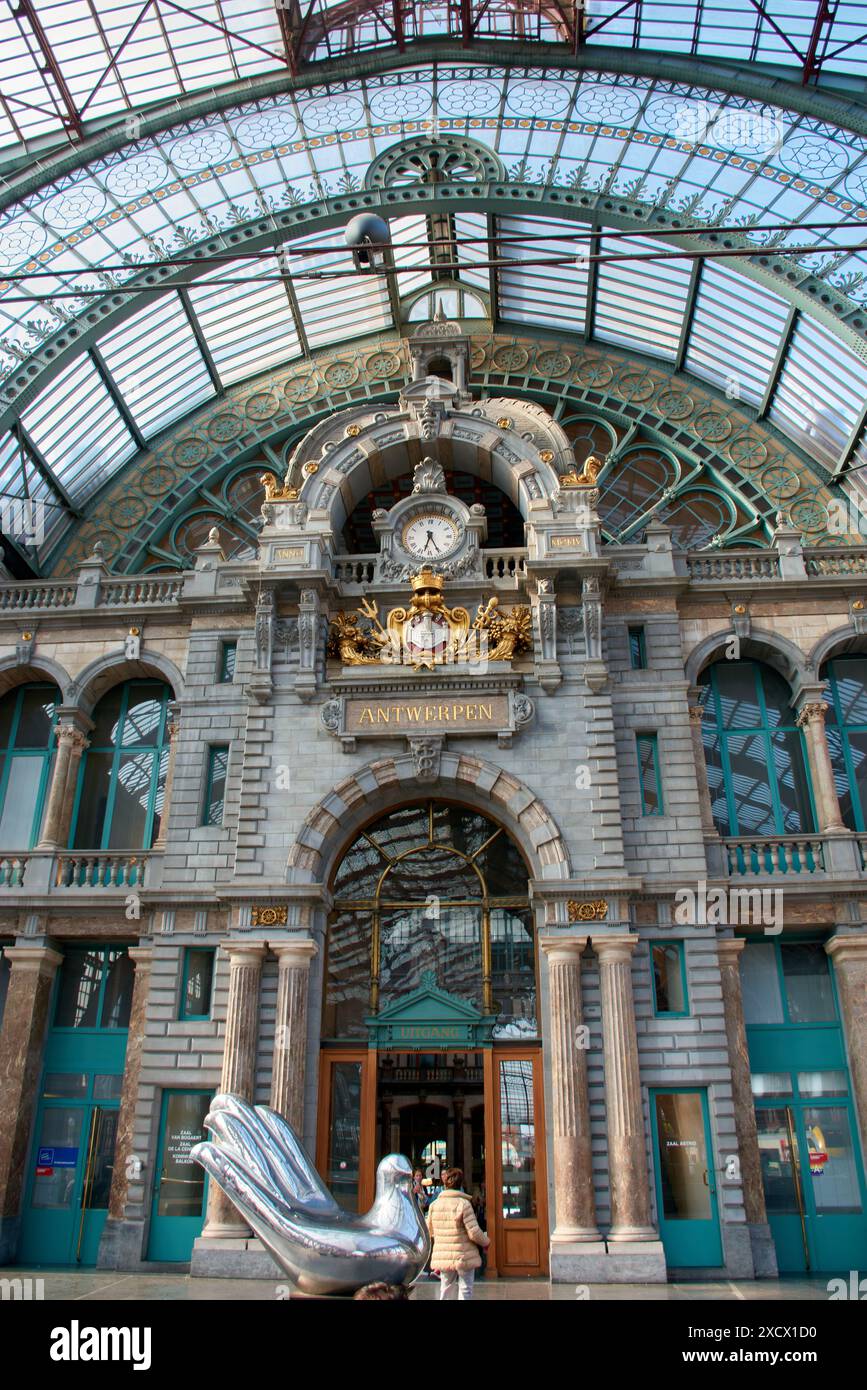 Antwerp,Belgium;June,07,2024;Main hall with clock and plate with Dutch ...
