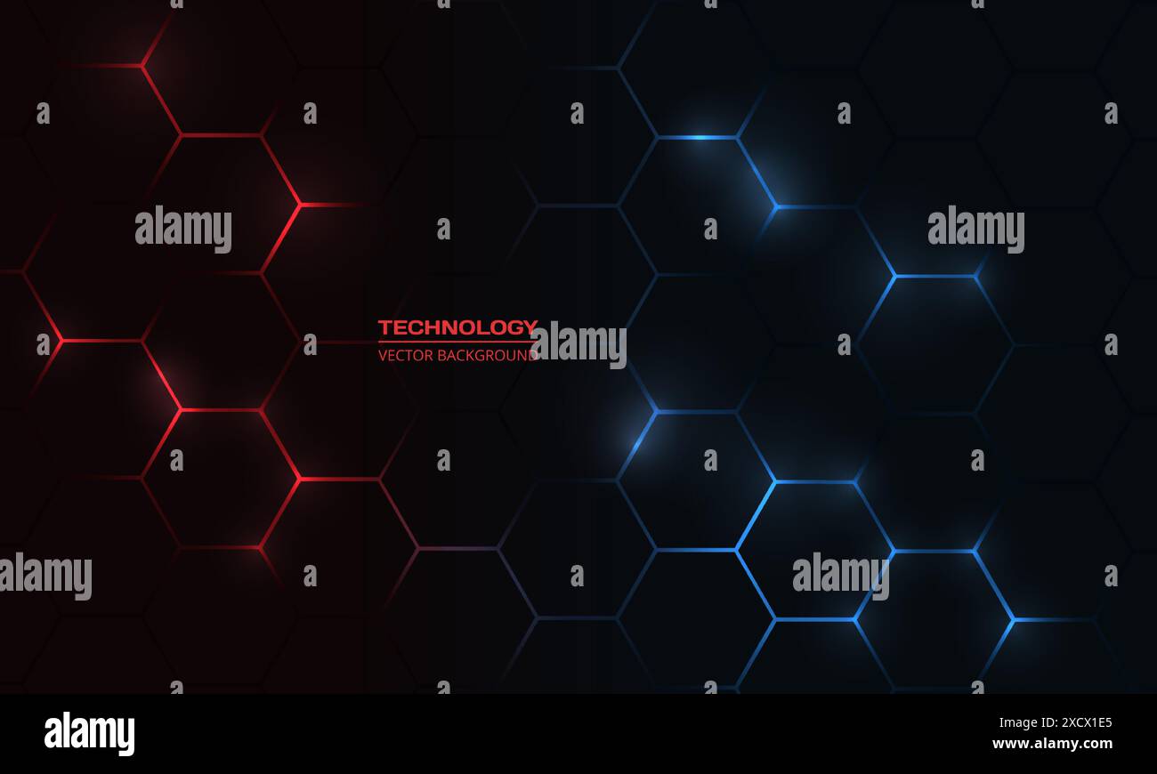 Dark hexagon abstract technology background with red and blue colored bright flashes under ...