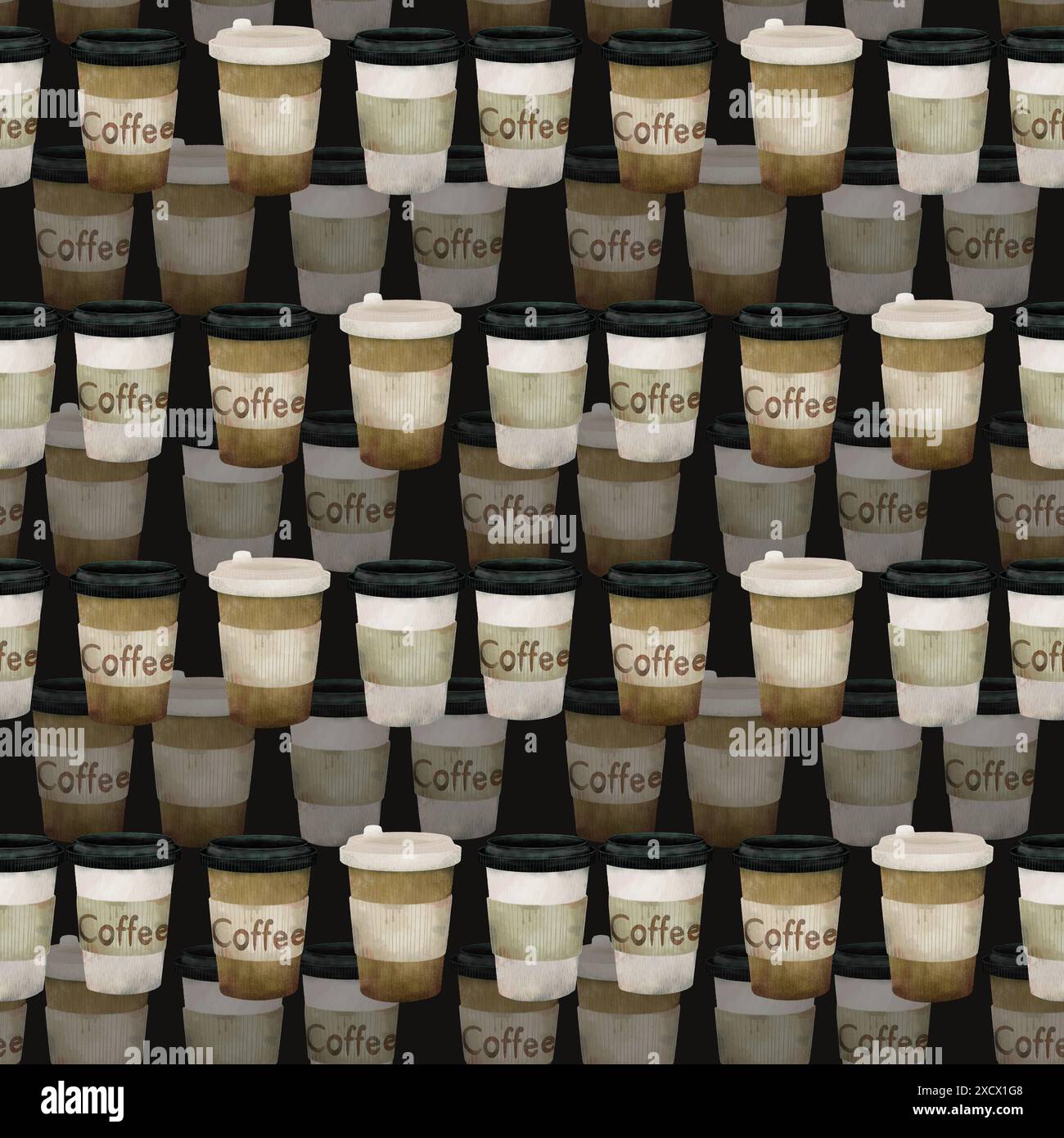 Digital art of coffee cups with lids in patterns. Neutral colors and ...