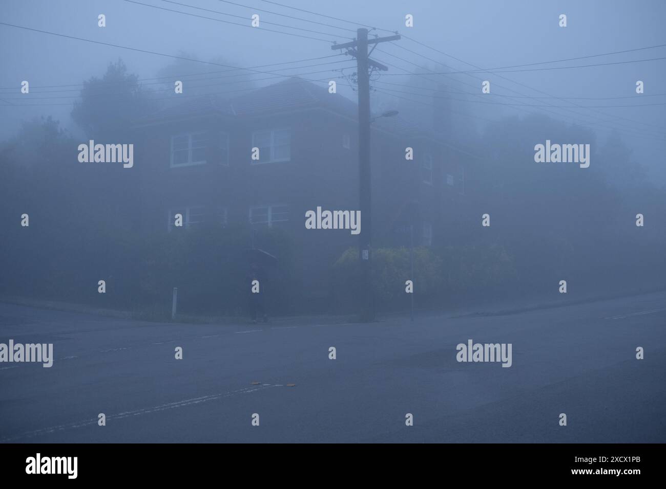A corner block of flats at dusk, streetlight, power lines and power ...