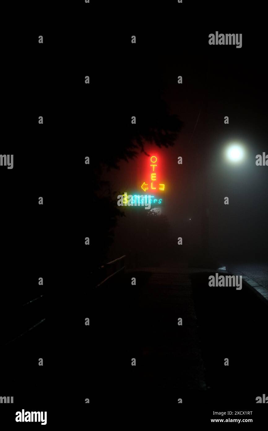 The 3 Sisters Motel neon sign and street light glowing in the night in ...