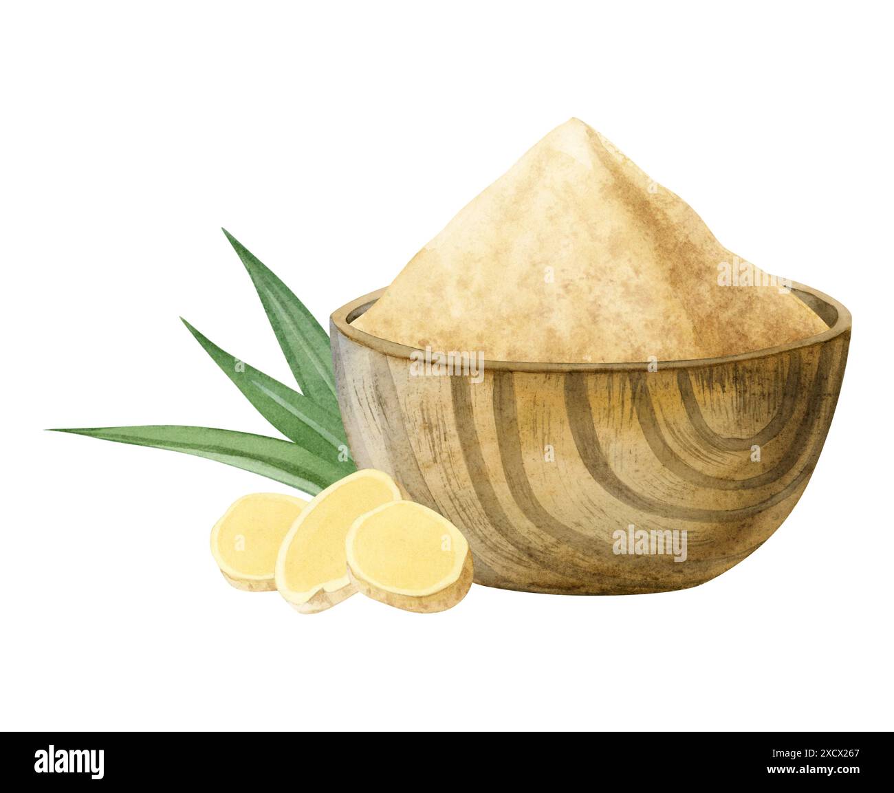 Wooden bowl with ground garlic powder with ginger slices and leaves ...