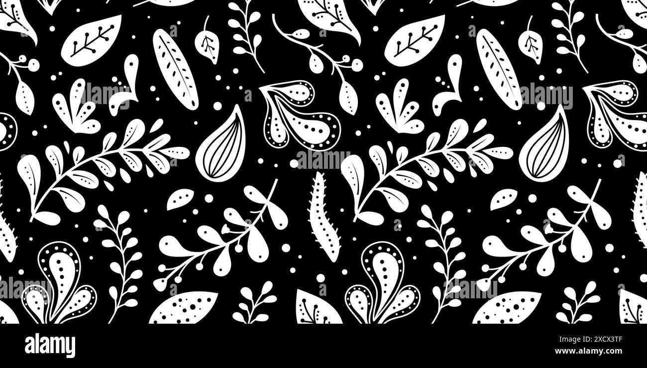 Seamless neo folk art vector pattern with flowers, black and white ...
