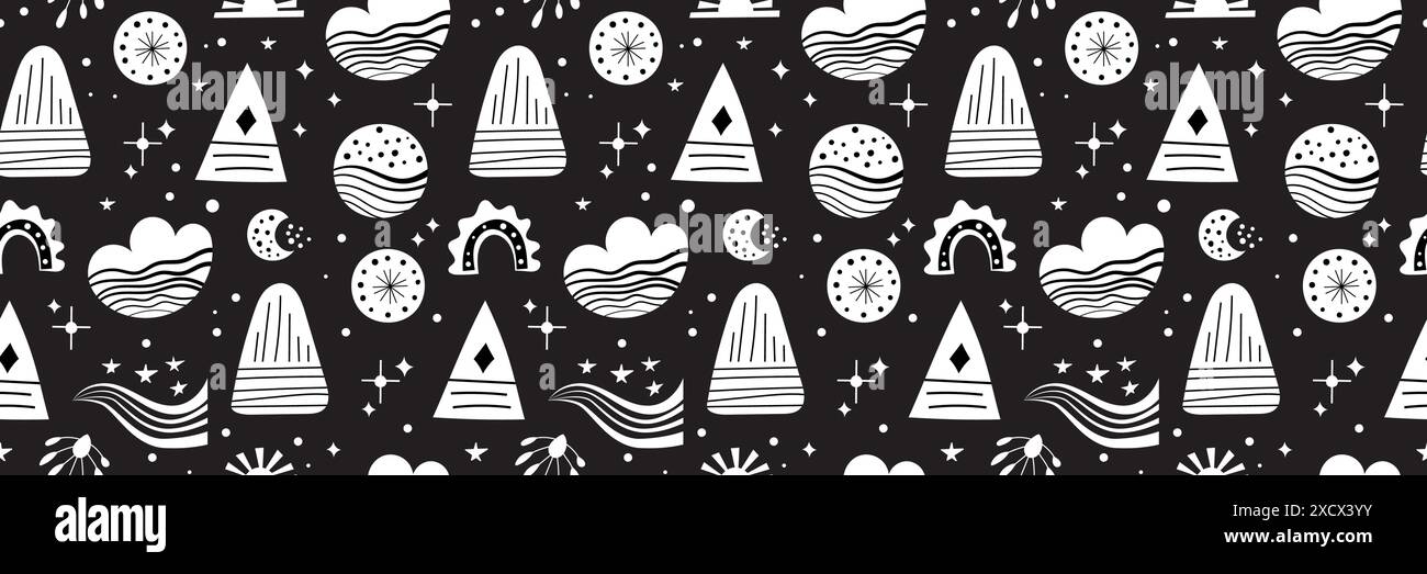 Seamless neo folk art vector pattern with mountains, moon and flowers ...