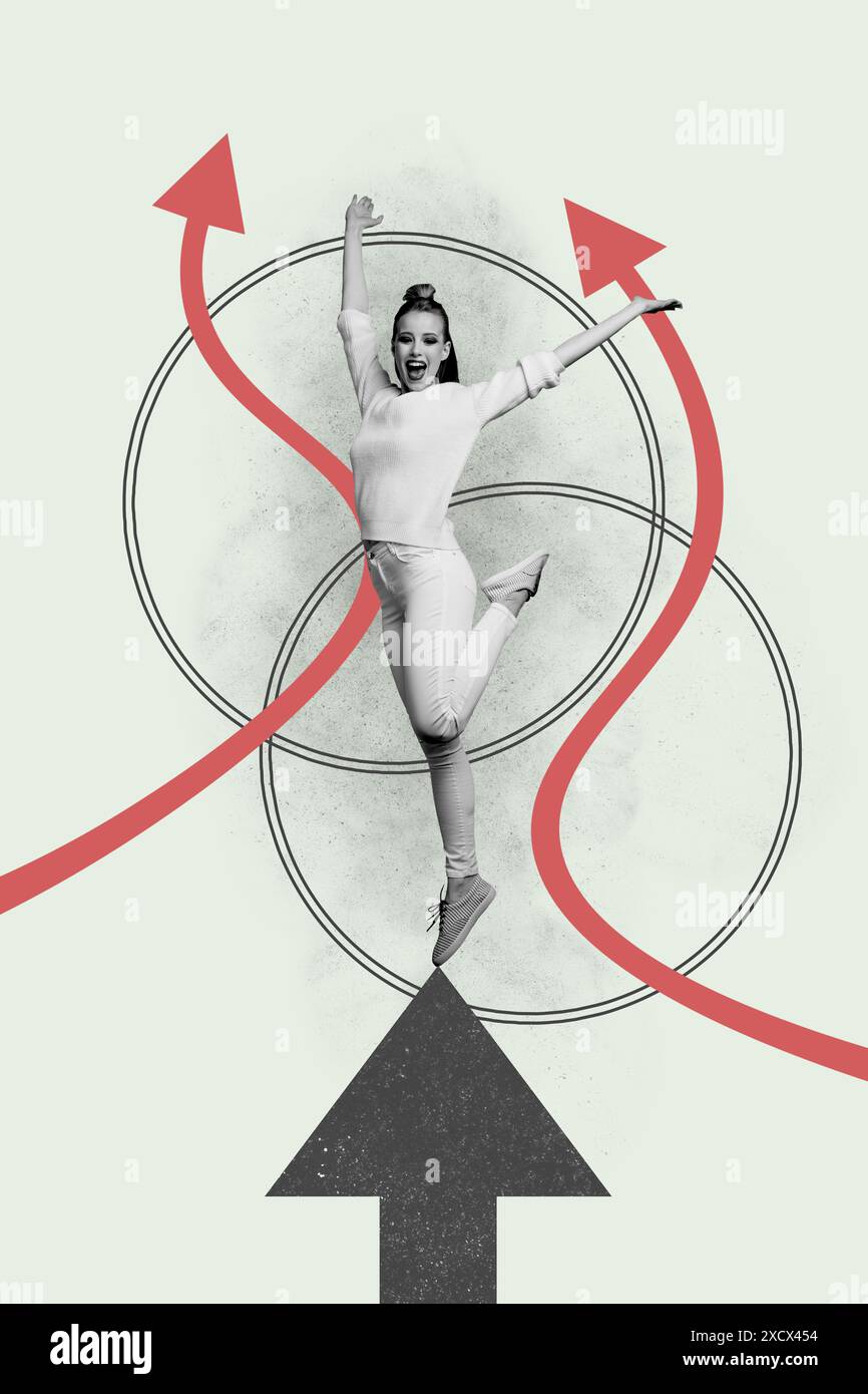 Creative trend collage of crazy female arrow point up entrepreneur ...