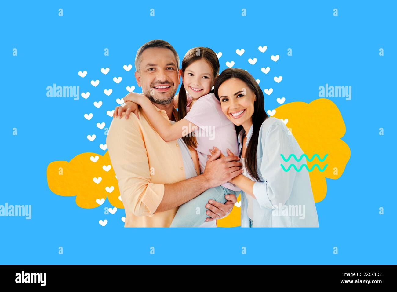 Creative collage young happy carefree family hug embrace each other ...