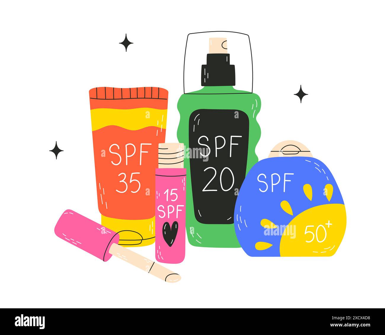 Sun safety collection. Tubes and bottles of sunscreen products with ...
