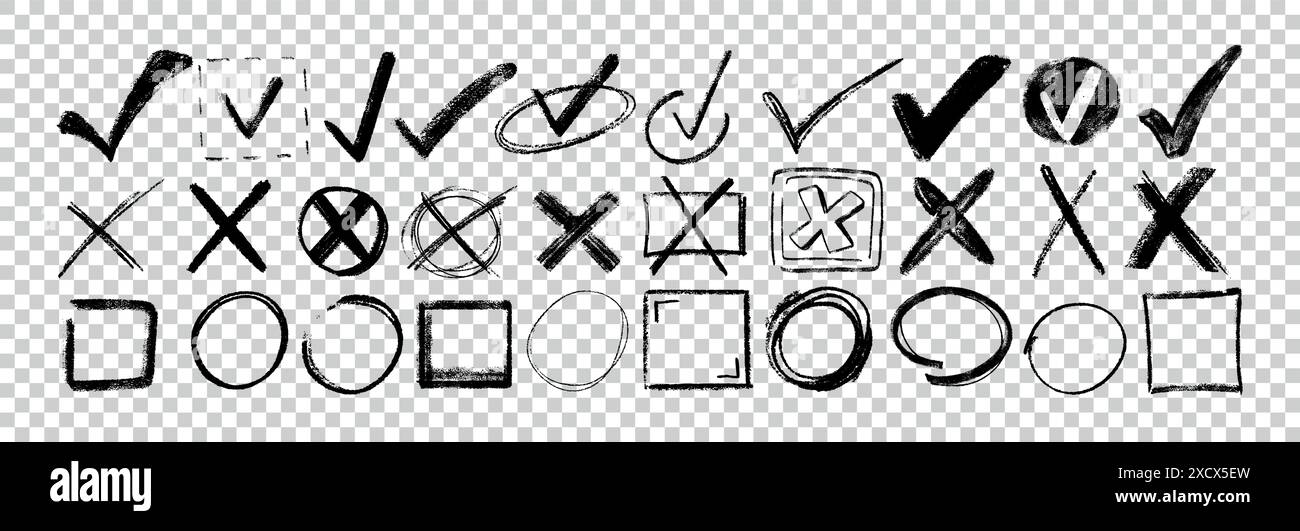 Hand drawn check mark set. Black charcoal pencil rough check boxes, checklist icons. Crayon ...