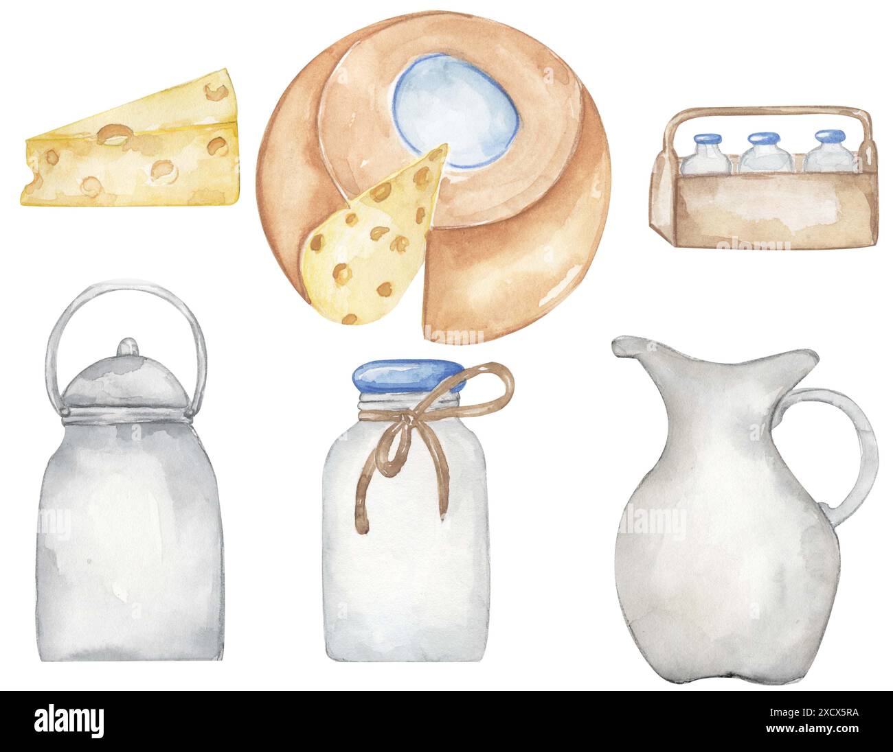 Watercolor milkman elements illustration, milk and milk bottles, can ...