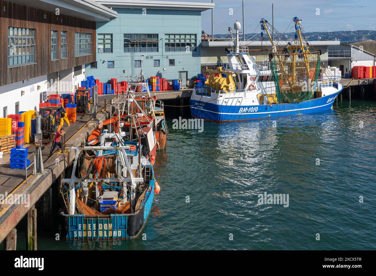 Colourful fishing boats moored alongside the quay in Brixham, home to ...