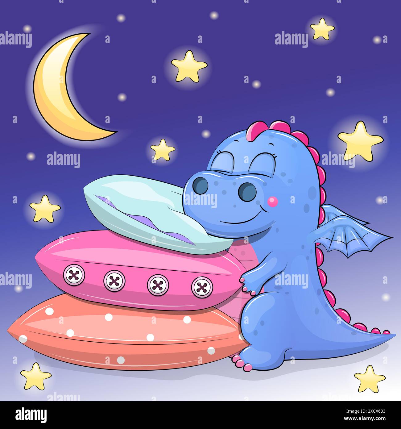 Cute cartoon blue dragon is sleeping on the pillows. Night vector ...