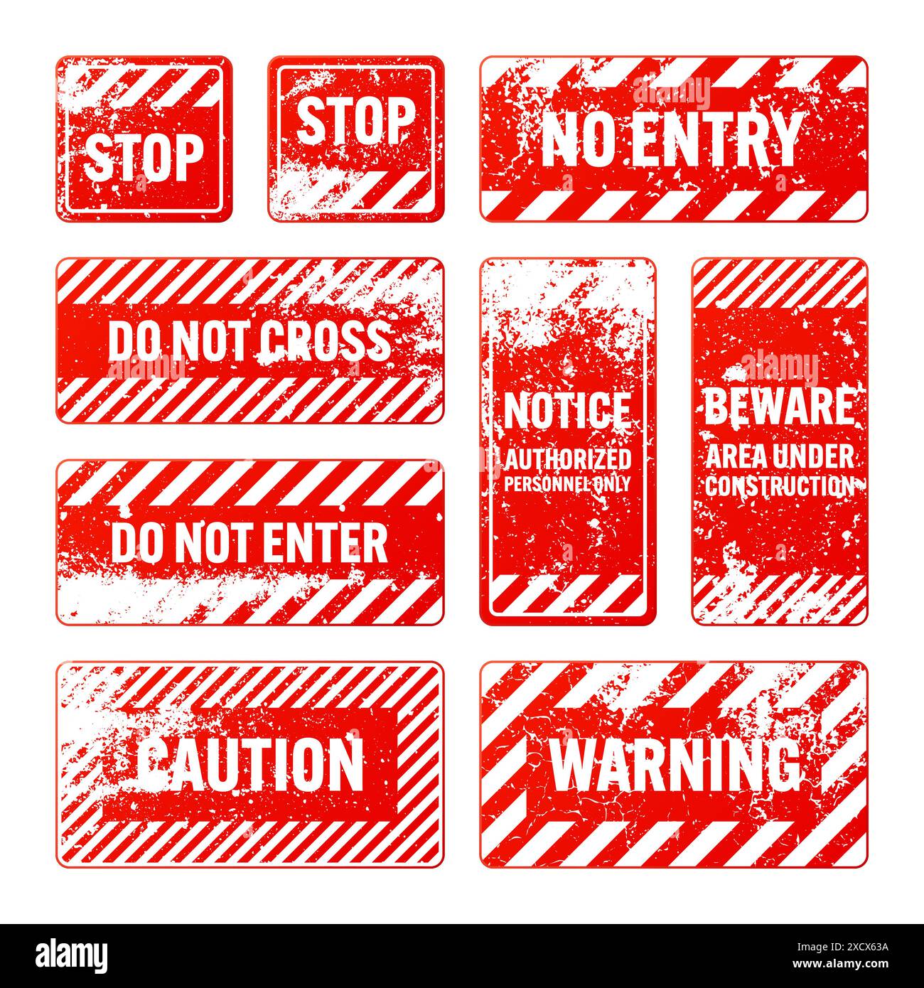 Red grunge warning signs with diagonal lines. Old attention, danger or ...
