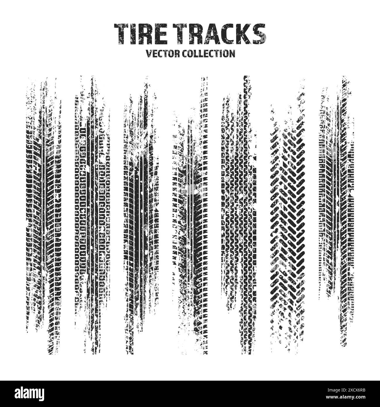 Grunge tire tracks, wheel braking marks. Truck, car or motorcycle tread ...