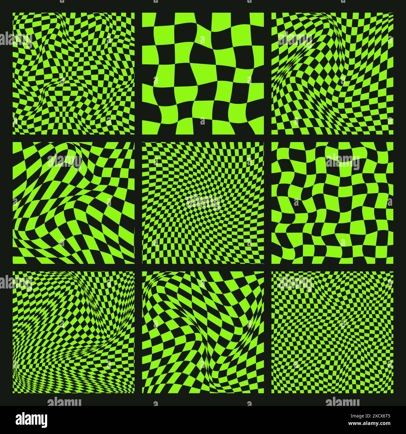 Trendy checkered pattern, black and green distorted tiled grid. Wavy ...