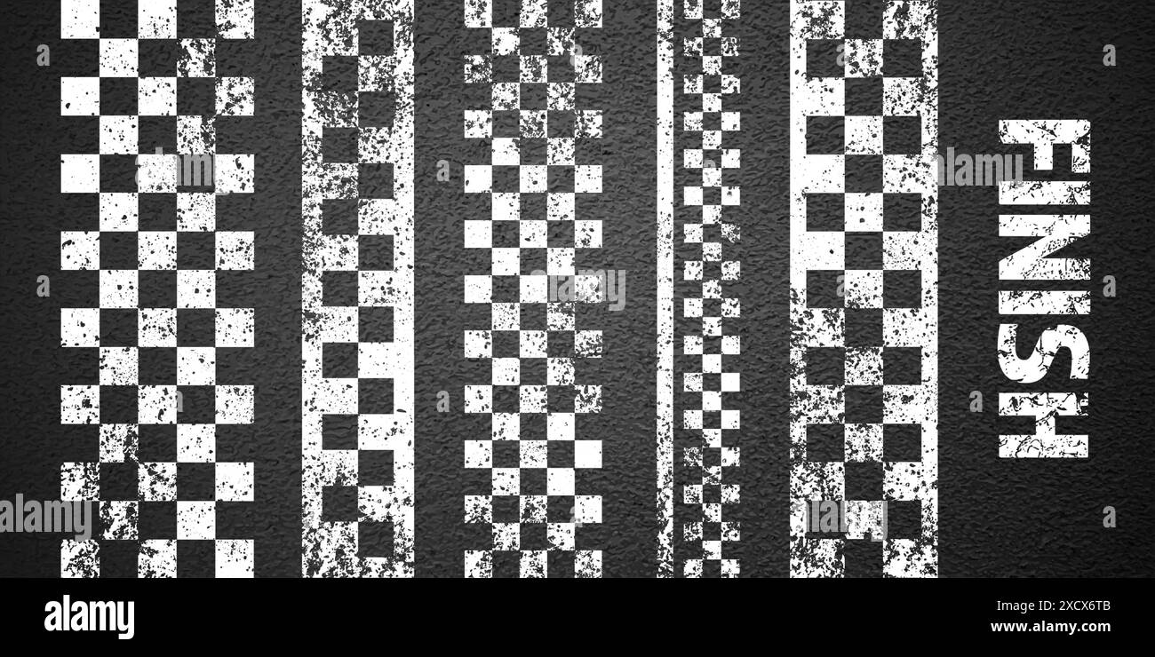 Asphalt road with white start or finish checkered line marking ...
