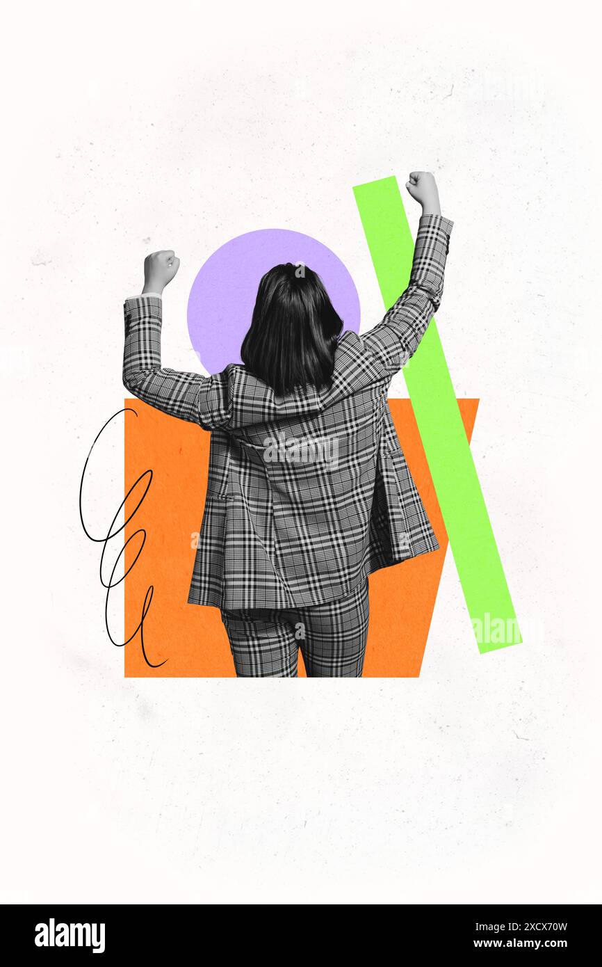 Vertical poster collage young woman raise hands celebrate victory ...