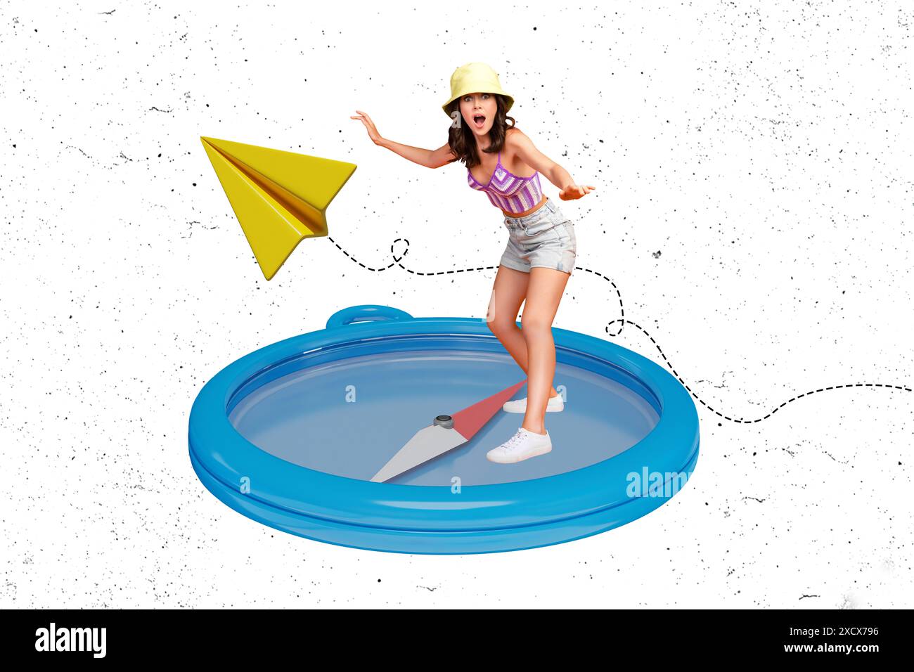 Creative photo collage young energetic girl ride compass orientation ...