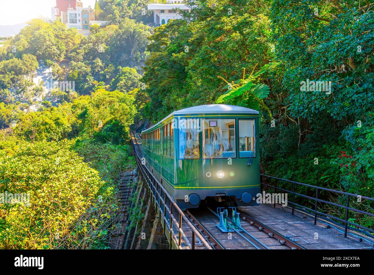 The famous green tram on the slope of Victoria Peak in Hong Kong passes ...