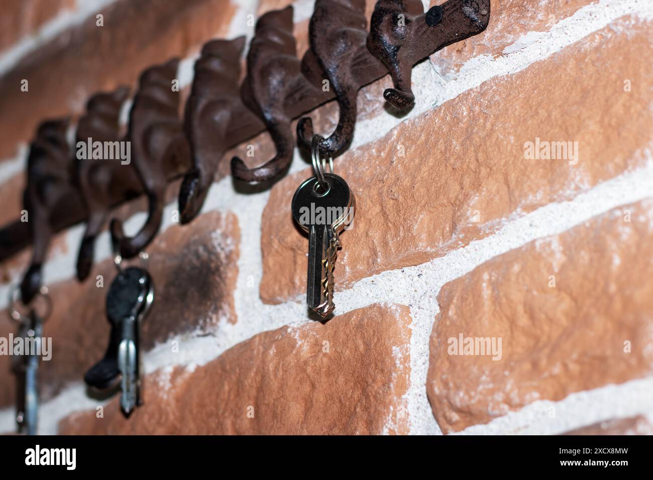 A group of keys are dangling from a hook mounted on a brick wall. The ...