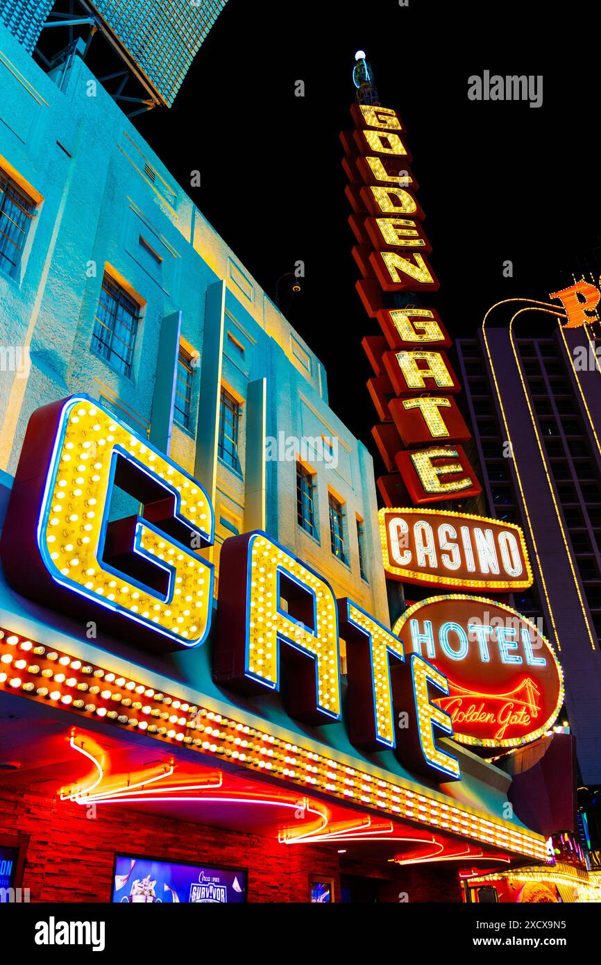 Marquee and neon signs decorating the facade of Golden Gate Hotel ...