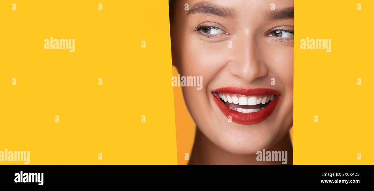 Woman Face Peeking Through Hole in Yellow Background, Panorama Stock ...