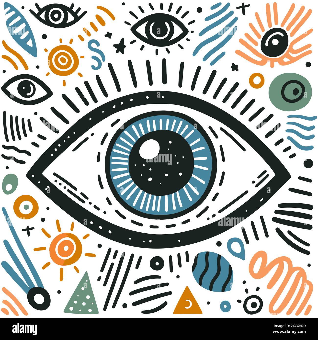 Big colorful eye drawing surrounded by childish doodles representing a ...