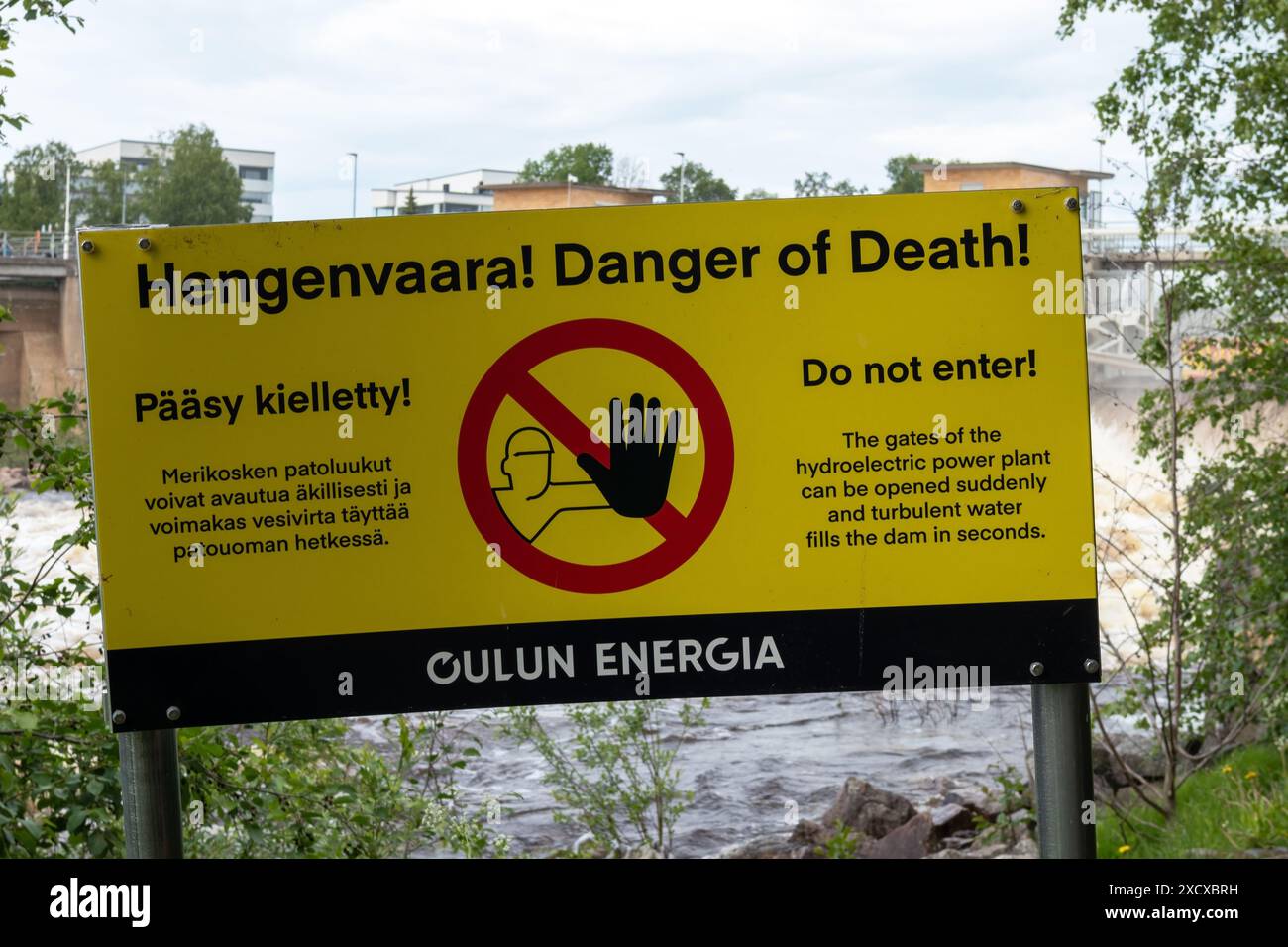 Warning sign in front of Merikoski dam in Oulu, Finland Stock Photo - Alamy
