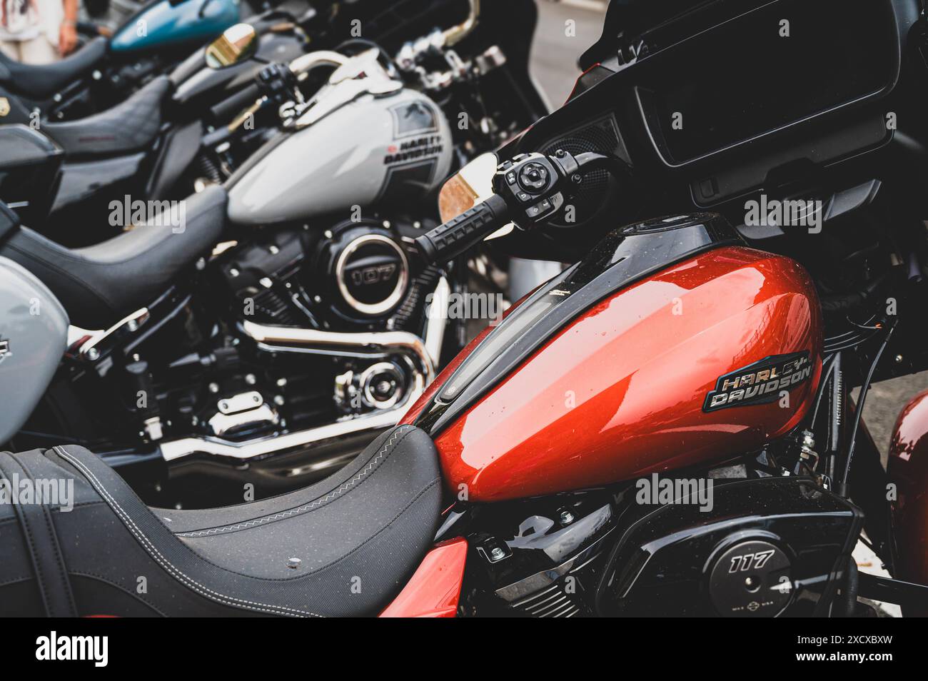A close-up of Harley Davidson motorcycle on display in Senigallia Stock ...
