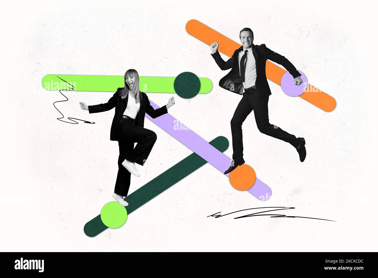 Creative collage young colleagues businesspeople dance funky happy ...