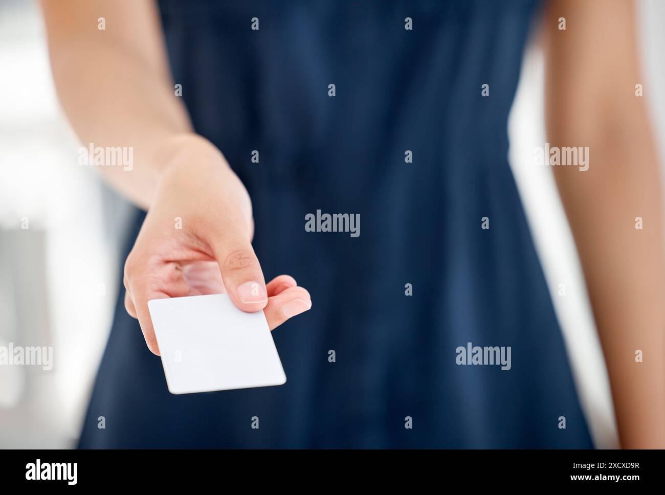 Hand, offer and woman with business card in office for company contact ...