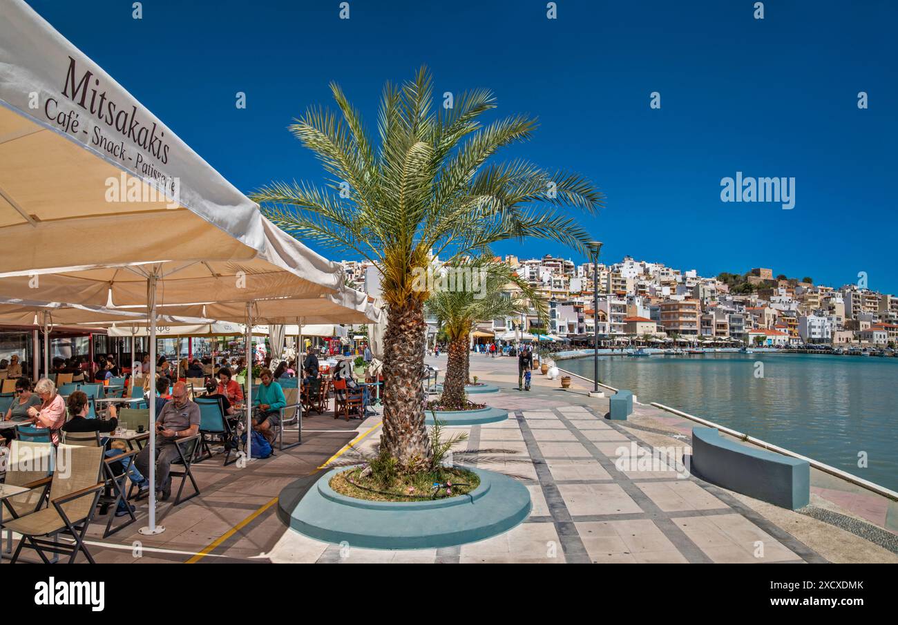Cafes at quay at marina, in town of Sitia, Eastern Crete, Greece Stock ...