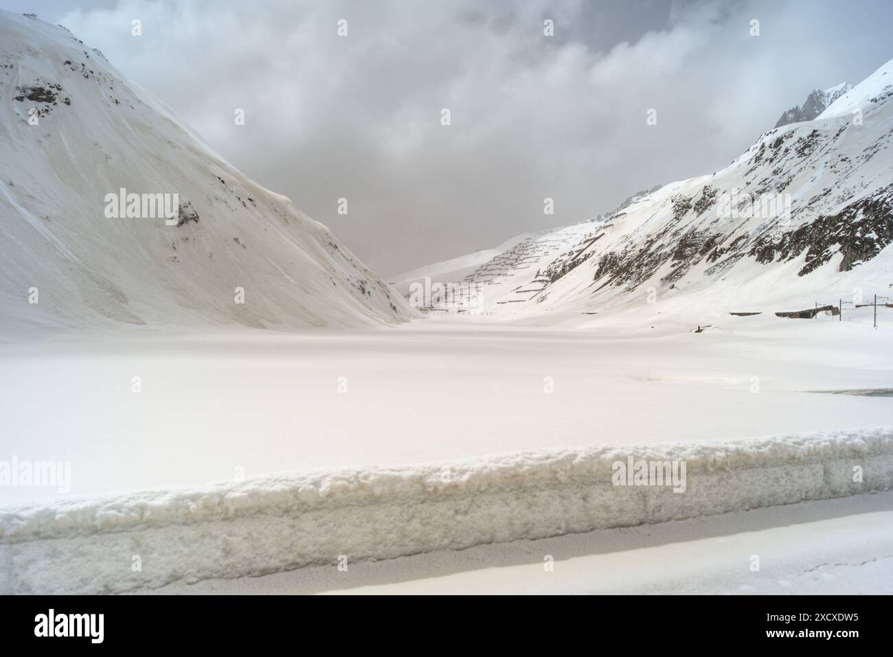 View of mountains and a snow-covered lake from the railway track on the ...