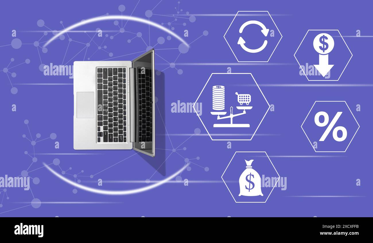 Top view of laptop with symbol of inflation concept Stock Photo - Alamy