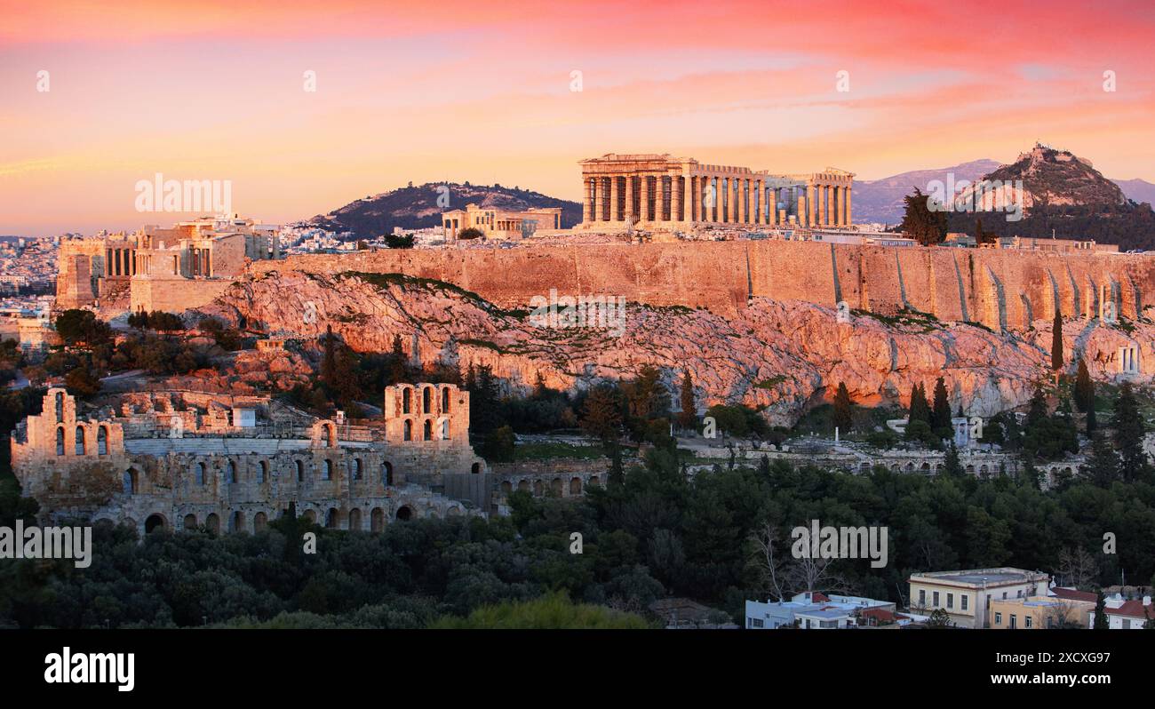Acropolis of Athens, Greece, with the Parthenon Temple during sunset ...