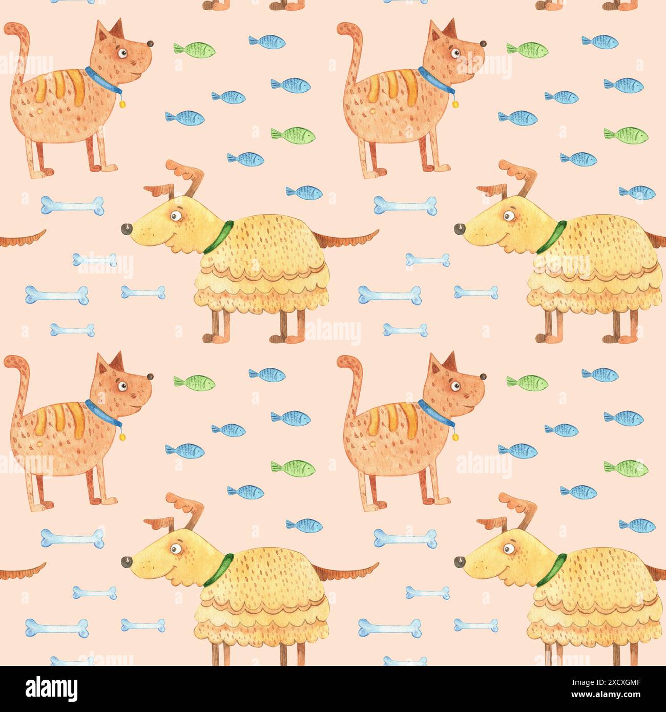 Seamless children's pattern of watercolor cats on a beige background ...