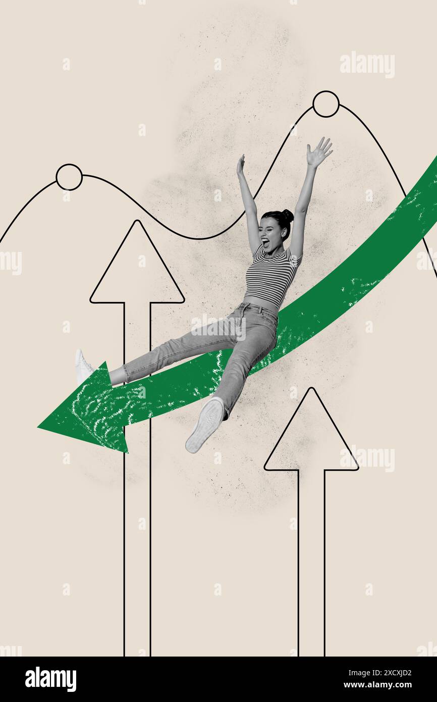 Vertical photo collage of inexperienced angry girl ride arrow point ...