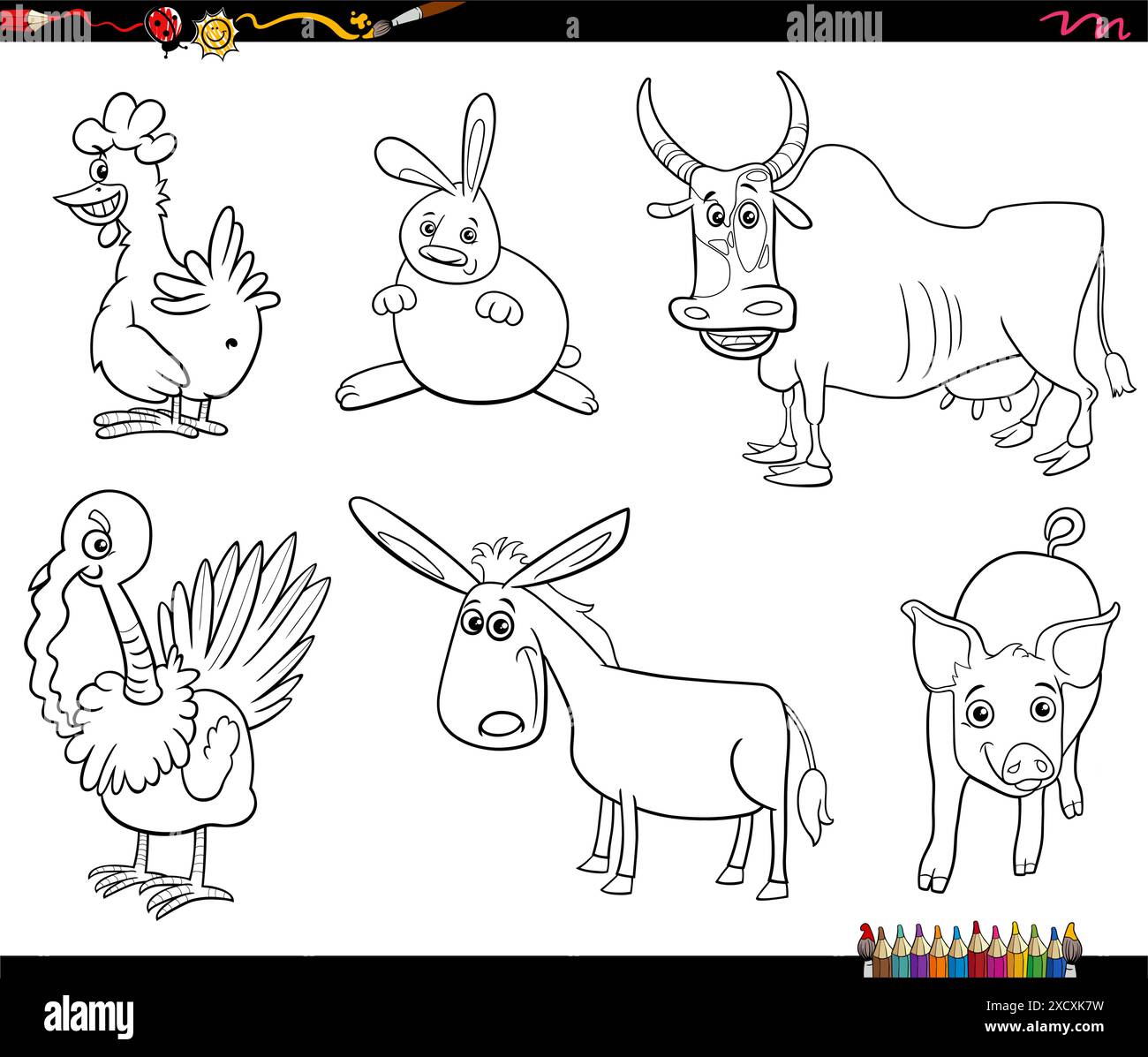 Black and white cartoon illustration of farm animal characters set ...