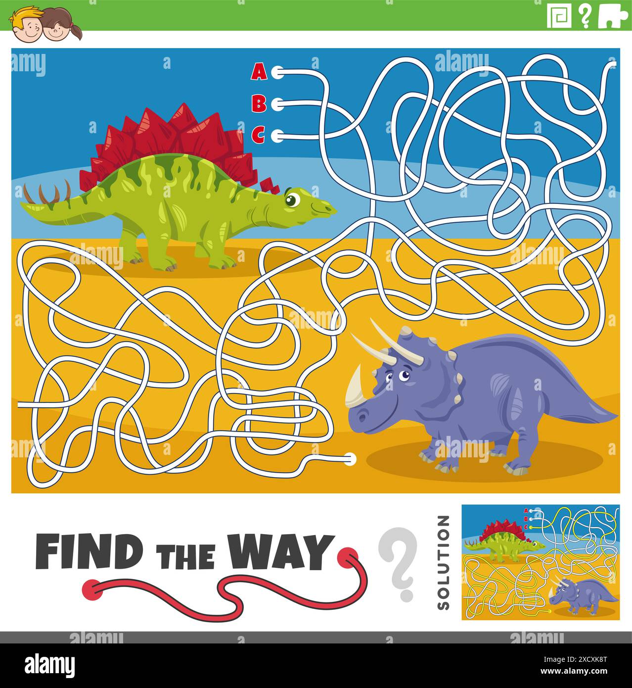 Cartoon illustration of find the way maze puzzle activity game with ...