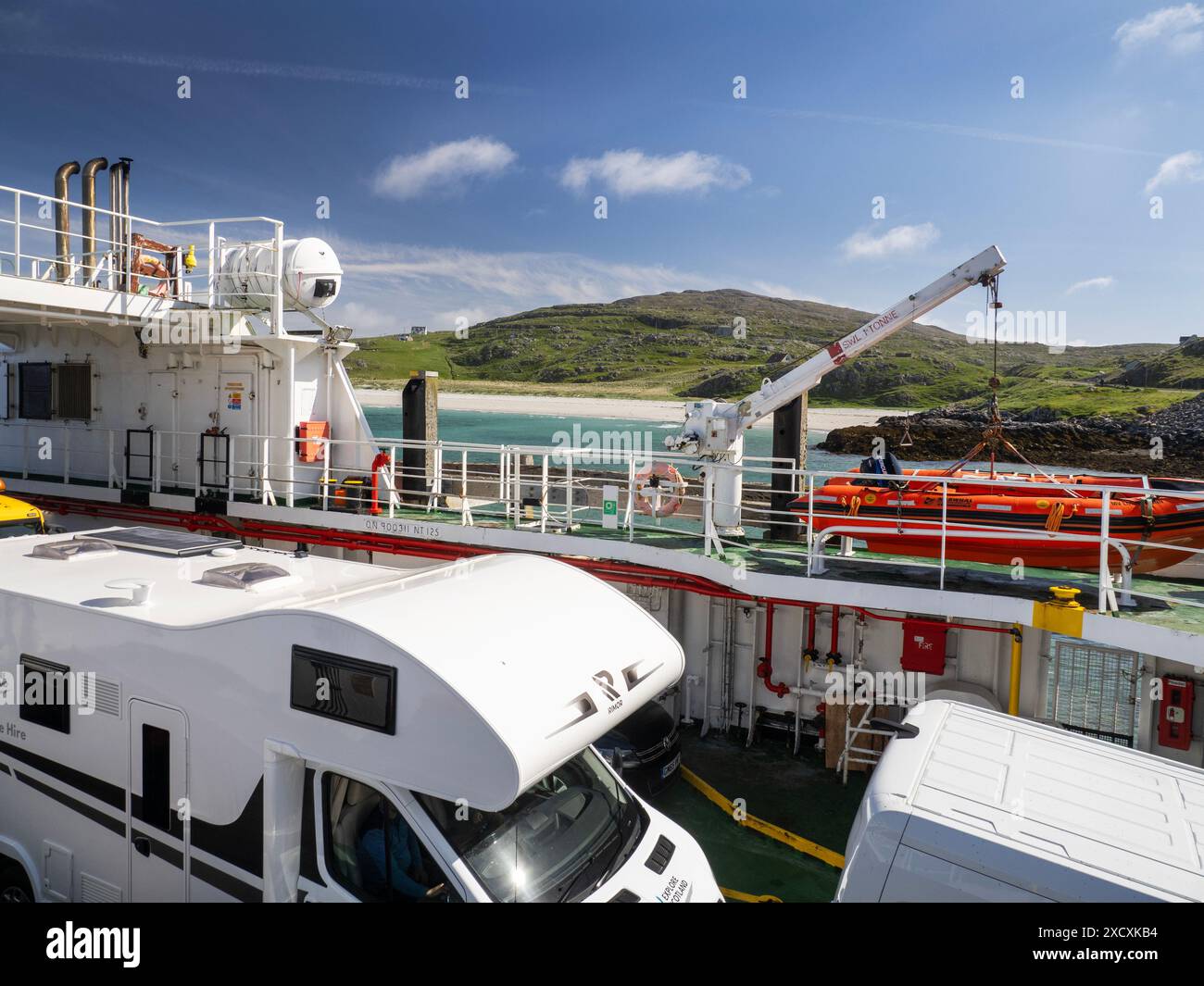 A mobile home on the ferry to Eriskay from the Isle of Barra, Outer ...