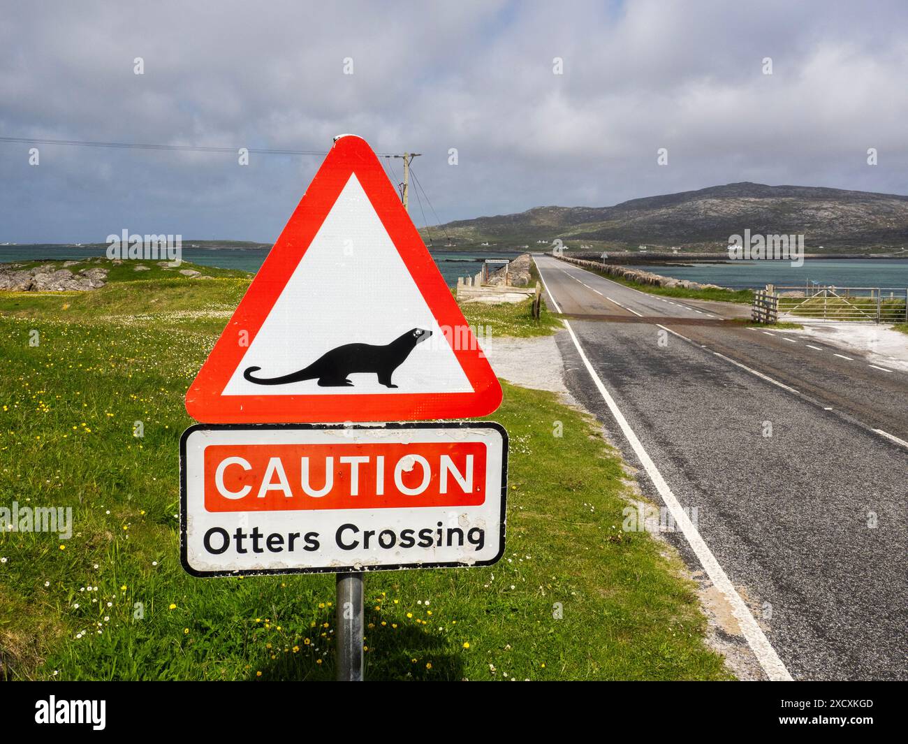 A warning sign about Otters on the causeway connecting Eriskay to South ...