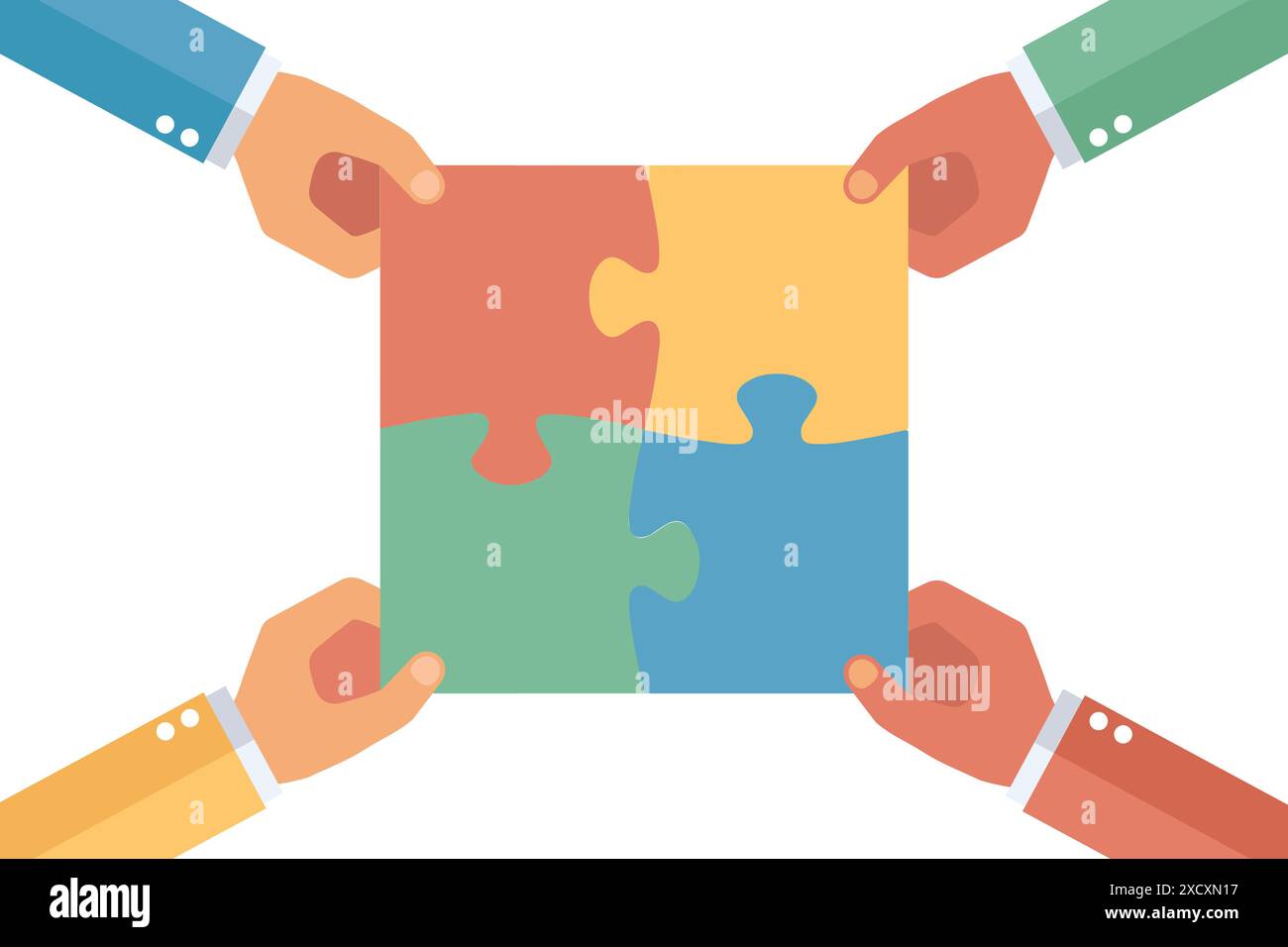 Hands put jigsaw puzzle together. Teamwork idea concept. Vector ...