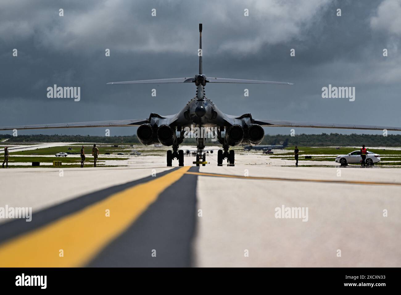 A B1-B Lancer assigned to the 37th Expeditionary Bomb Squadron sits on ...