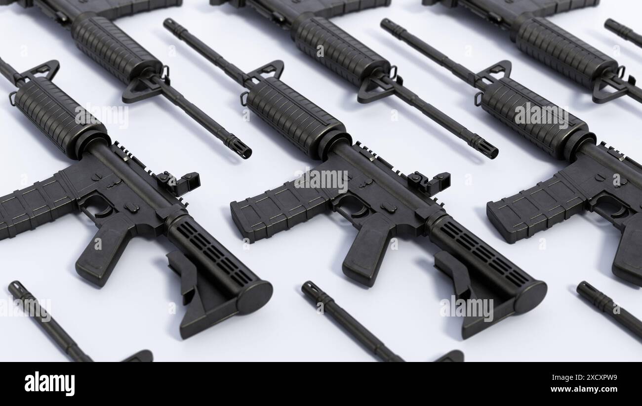Group of automatic assault rifles isolated on white background. 3D ...