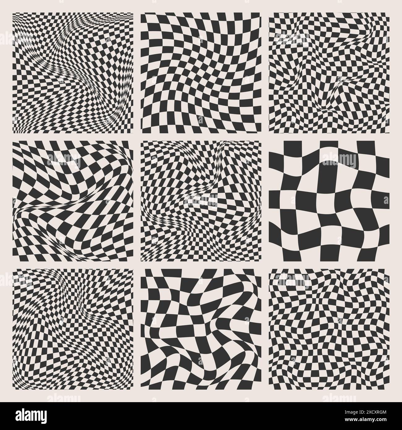 Trendy checkered pattern, black and white distorted tiled grid. Wavy ...