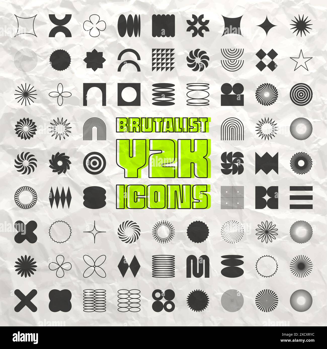 Brutalist geometric shapes, symbols. Simple primitive elements and forms, crumpled paper texture ...