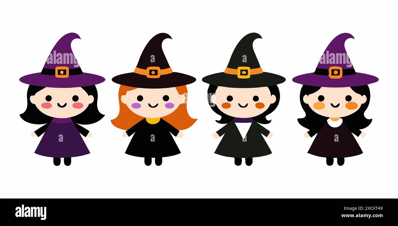 Set of Cute Witch Characters with Colorful Hats Isolated on White ...
