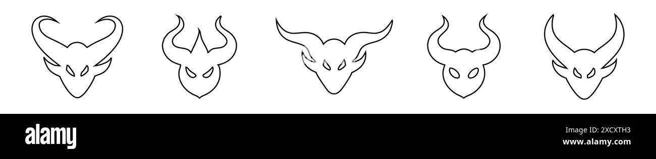 Set of Black outlines of a devil faces isolated on a white background ...