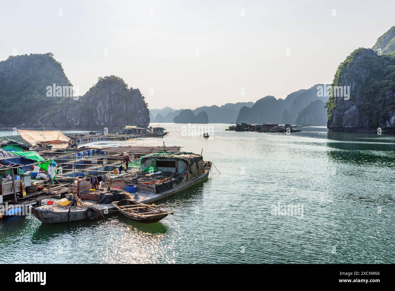 Beautiful view of floating fishing village in the Halong Bay at the ...