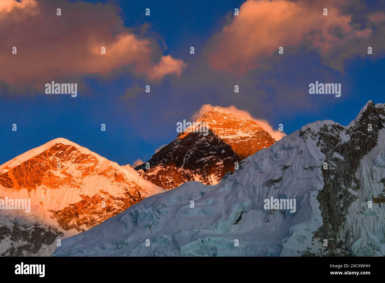 Close up Evening colored view of Mount Everest. Khumbu valley ...
