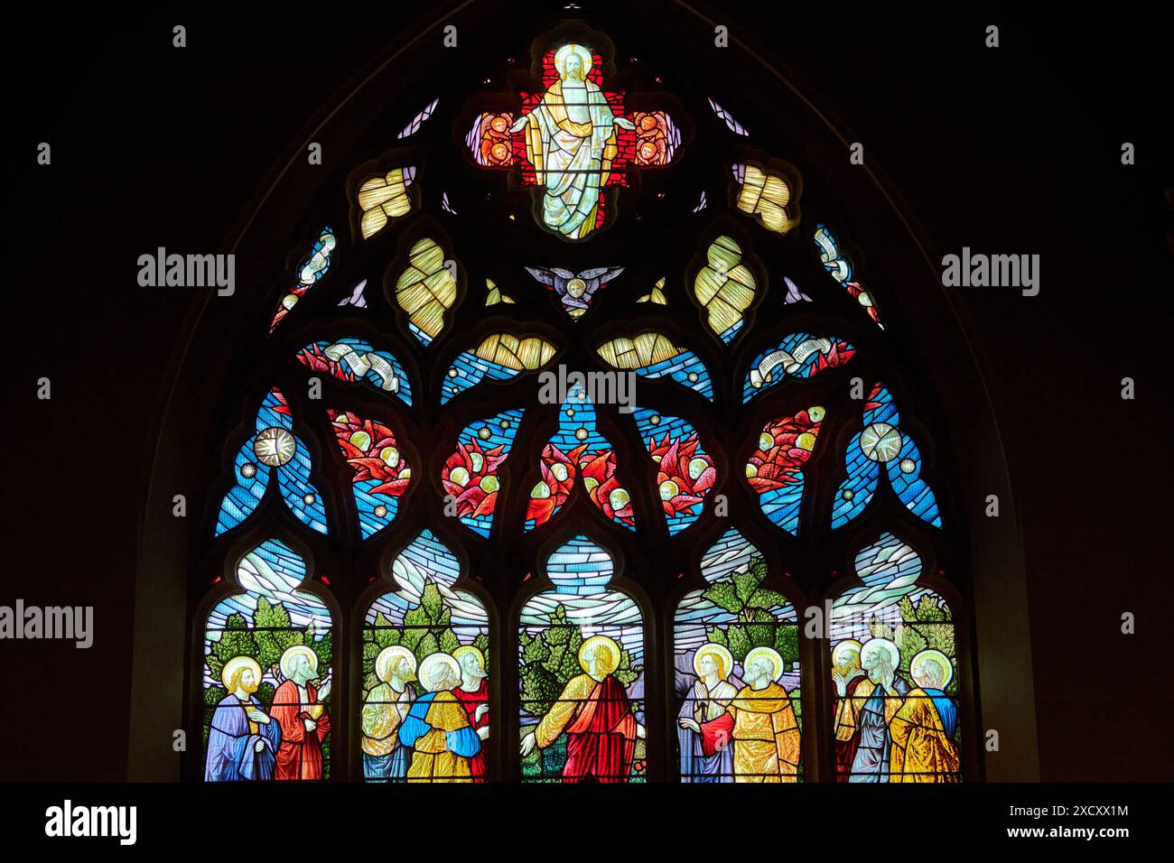 Depiction of Jesus Christ's ascension to heaven, watched by his eleven ...